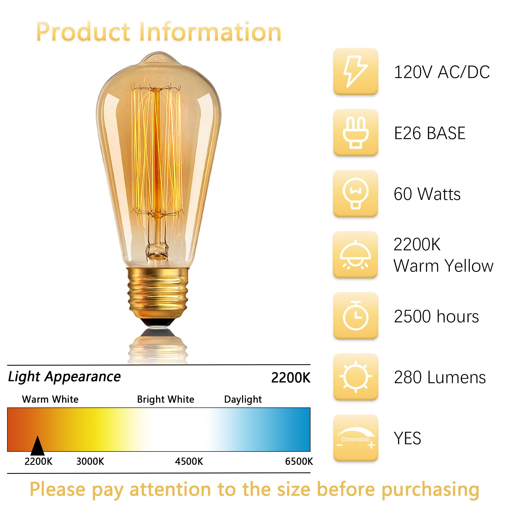 Sevici Edison Bulb, 6 Packs, ST64 60W 120V Edison Bulb Retro Incandescent Bulb, E26/E27 Base, 2200K Amber Warm Yellow Base, Dimmable, Retro Glass Bulb, Suitable for Outdoor and Indoor