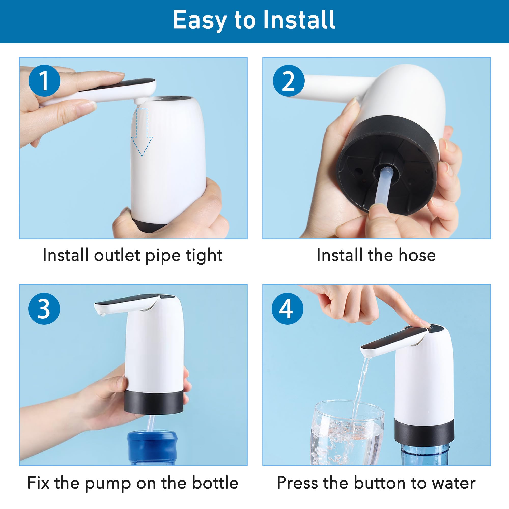 5 Gallon Water Dispenser, Portable Rechargeable Electric Water Jug Pump for Universal 2-5 Gallon Bottle, Drinking Water Jug Pump for Home, Office, Camping (White)