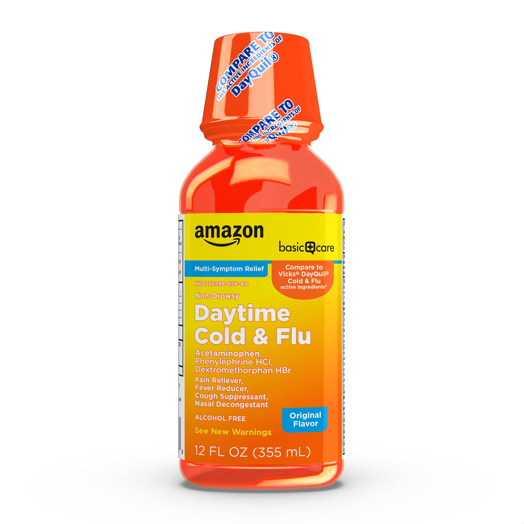 Amazon Basic Care Daytime Cold and Flu Relief, Non-Drowsy, Liquid Medicine, Original Flavor, 12 fl oz (Pack of 1)
