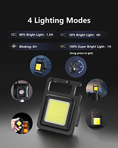 ALANTOP 800 Lumen COB Keychain Flashlight - Rechargeable Mini LED Pocket Light with 4 Light Modes, Magnet Base, and Folding Bracket with Bottle Opener - for Camping, Hiking, and Emergencies (2-Pack)