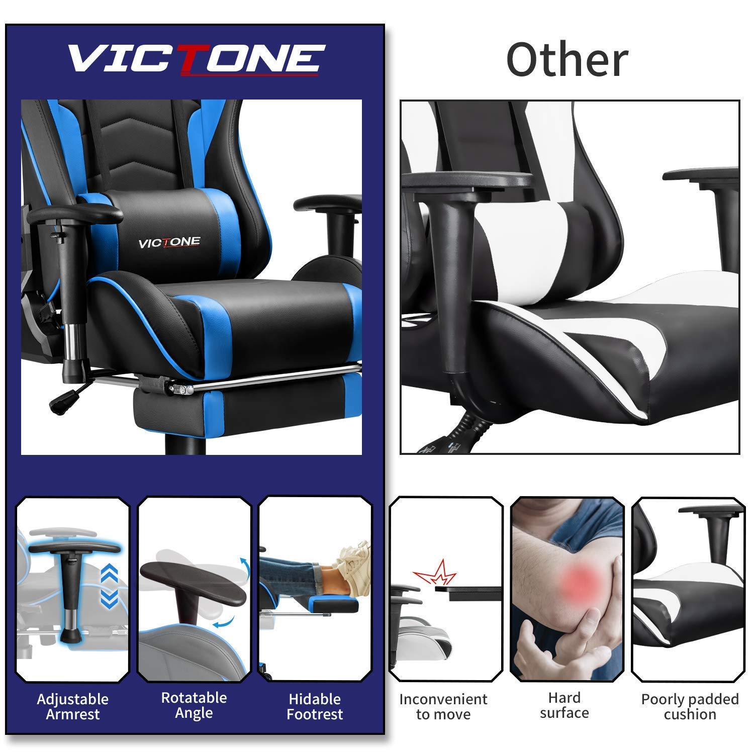 VICTONE Gaming Chair with Footrest Racing Style Computer Chair Video PC Game Chair Large Heavy Duty Ergonomic Computer Office Chair with 3D Adjustable Armrest and Headrest (Blue)
