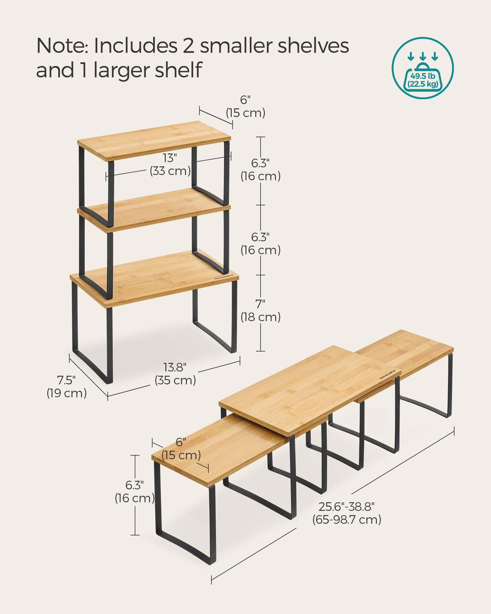 SONGMICS Cabinet Organizer Shelf, Set of 3 Kitchen Counter Shelves, Kitchen Storage, Spice Rack, Stackable, Expandable, Metal and Bamboo, Ink Black and Natural Beige UKCS014B01