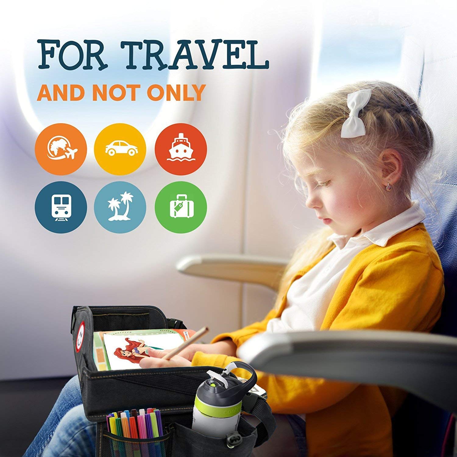 Coolmum Kids Travel Tray, Toddler Car Seat Tray, Double Sided Activity Organizer, Snack Lap Tray, Baby Stroller Tray, Airplane Play Table, Waterproof and Foldable (Premium Black)
