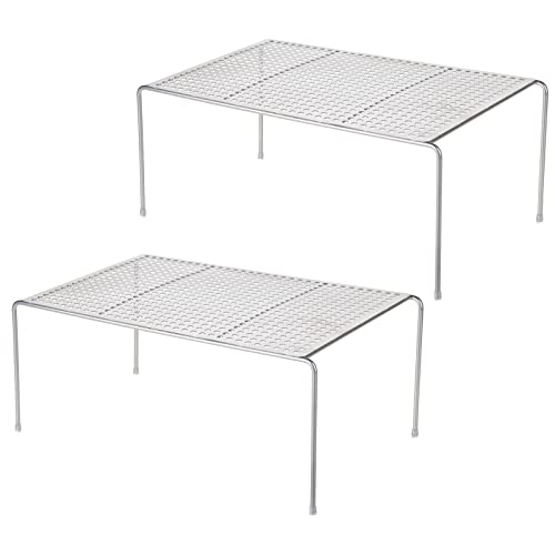 mDesign Large Raised Metal Kitchen Pantry Stacking Plate Organizer Storage Shelves, Cabinet Shelf Rack for Cupboard, Cabinet - Store Food, Dishes, Bowls, Mugs, Concerto Collection, 2 Pack, Silver