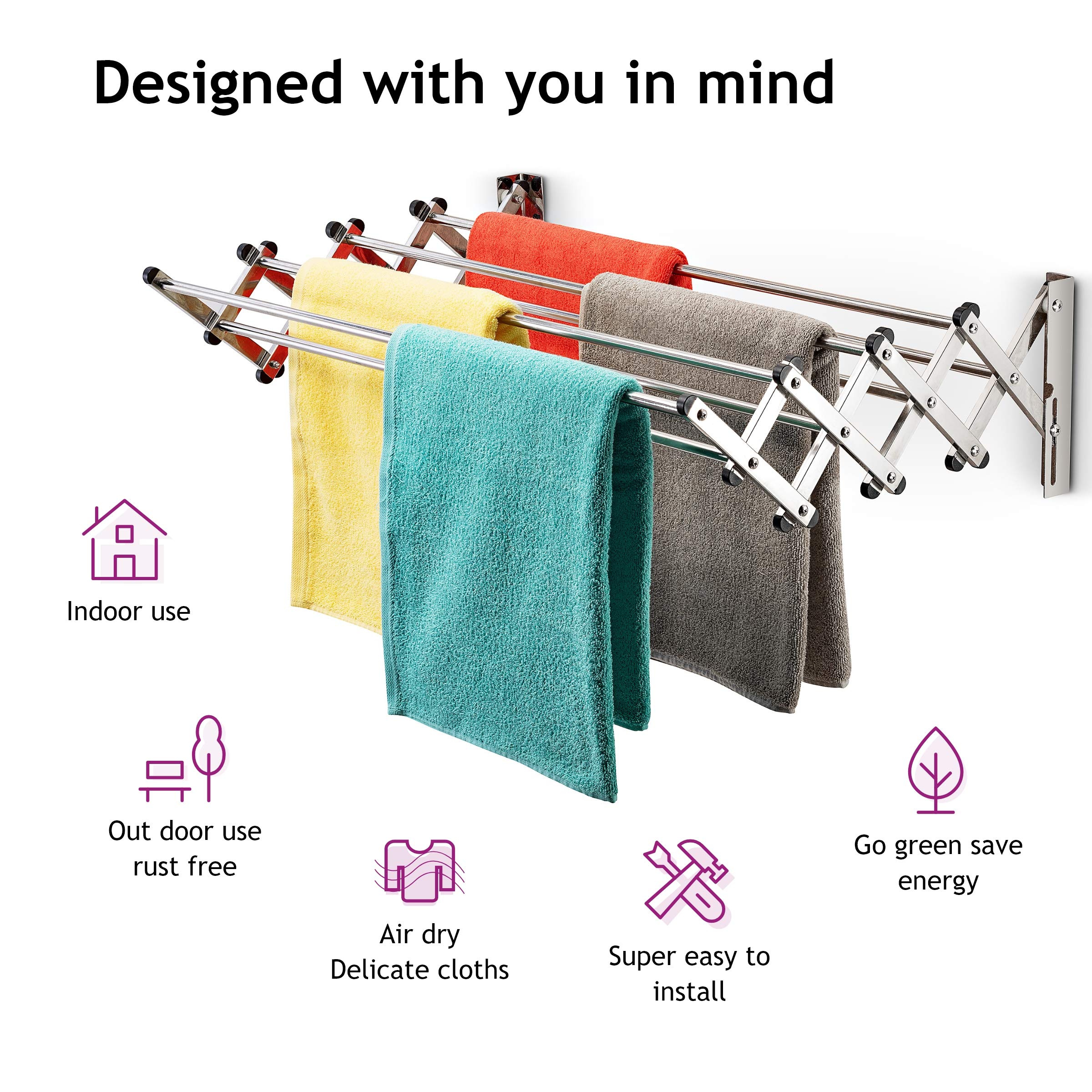 Bartnelli Accordion Wall Mounted Drying Rack | 8 Smooth Round Stainless Steel Rods | Huge 22 Linear Feet Capacity | Compact Sleek Design || 60lb Capacity