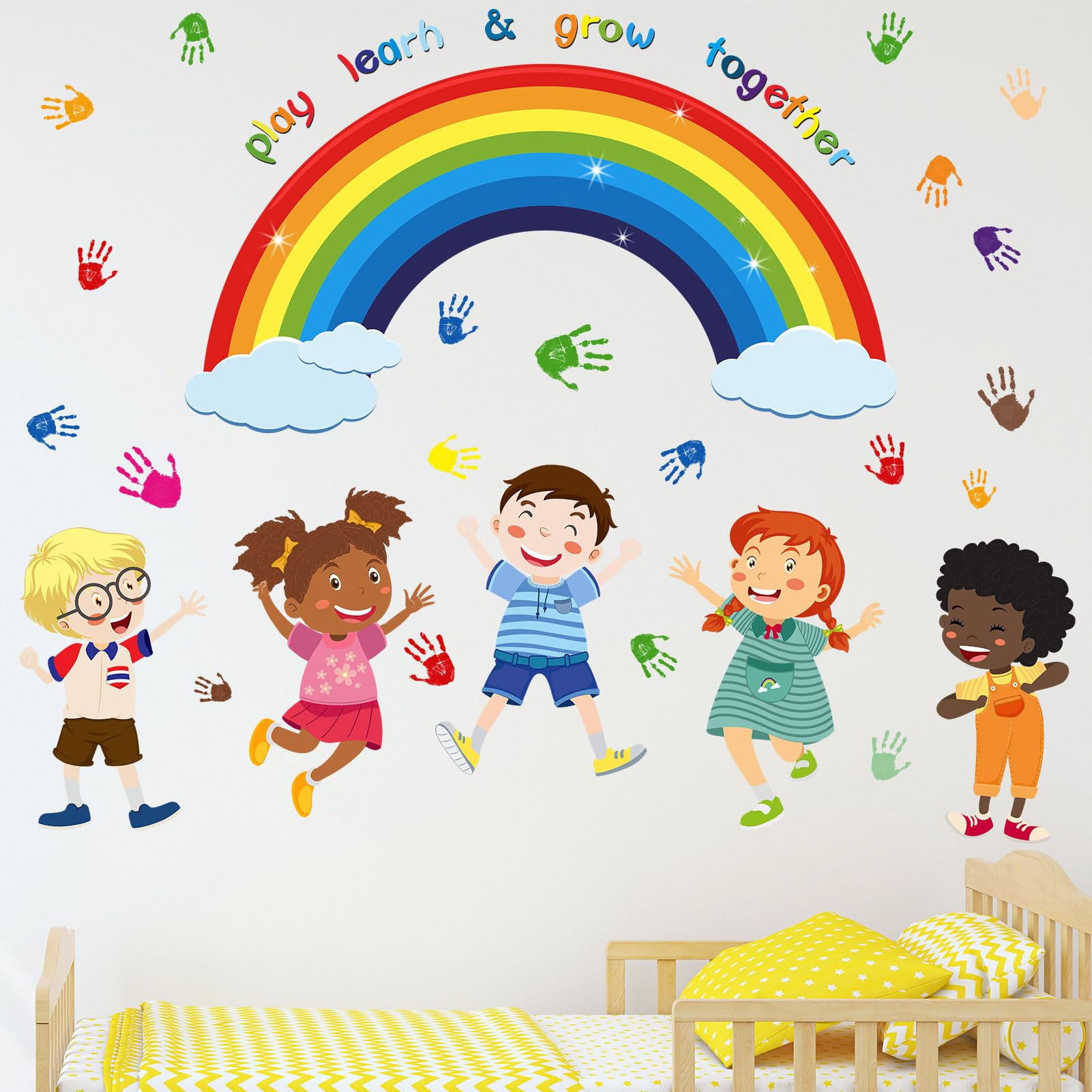 Amimagen Play Learn & Grow Together Wall Stickers - Inspirational Quotes Rainbow Wall Decals - Baby Nursery Kids Room Daycare Playroom Classroom Wall Decor