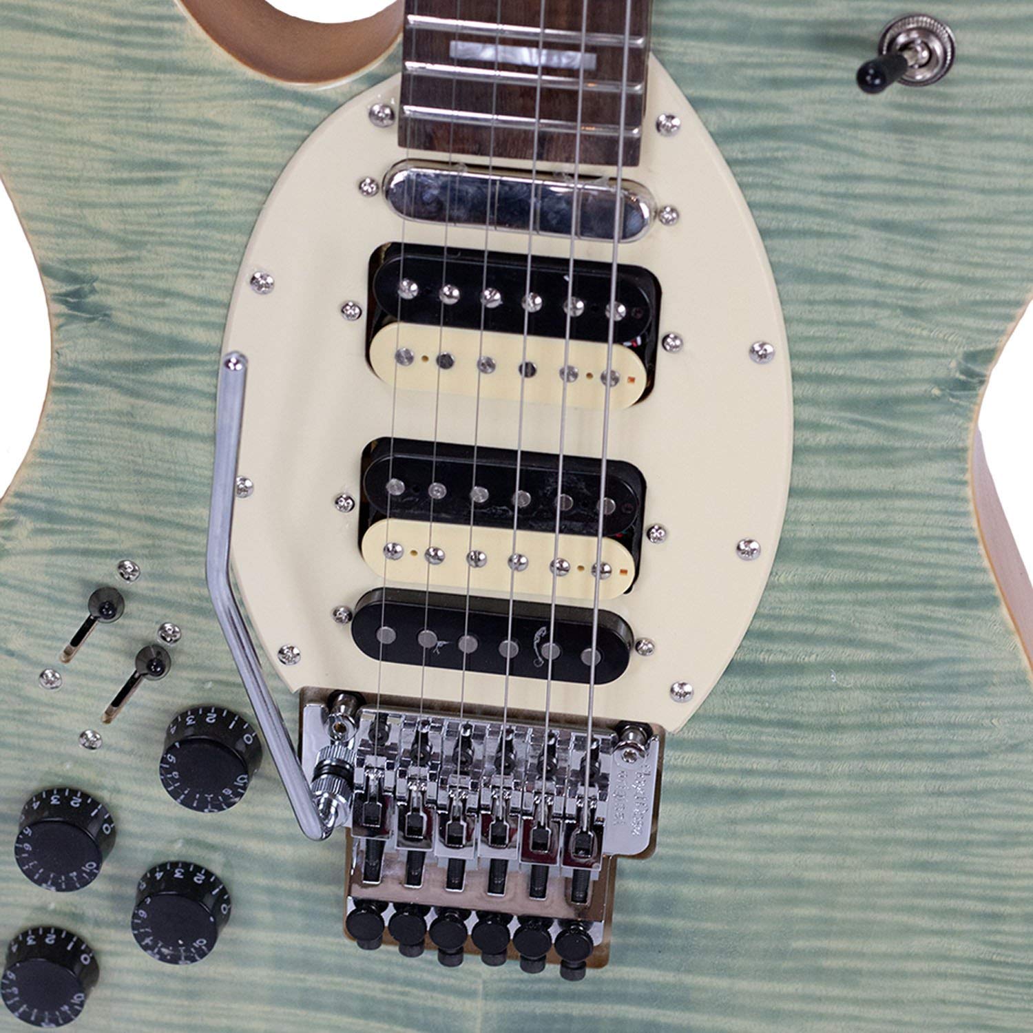 GoDpsMusic 6 String Solid-Body Electric Guitar, Left-Handed Grass-Stained Blue Jean (ST-ET-LH-HYBRID-FL-FMBLJ-KIT)