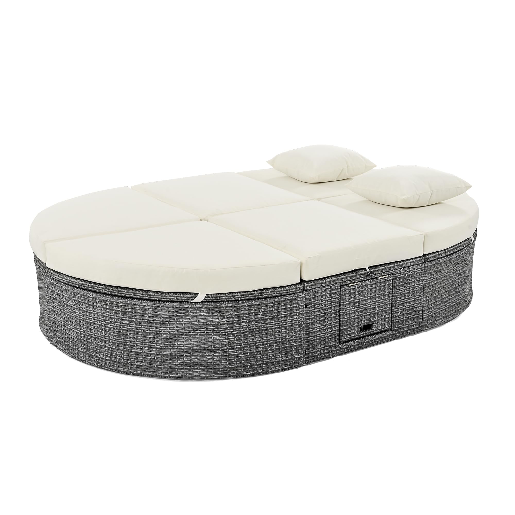 Bellemave Outdoor Sun Bed Patio 2-Person Daybed with Cushions and Pillows, Rattan Garden Reclining Chaise Lounge with Adjustable Backrests and Foldable Cup Trays for Lawn,Poolside(Beige)
