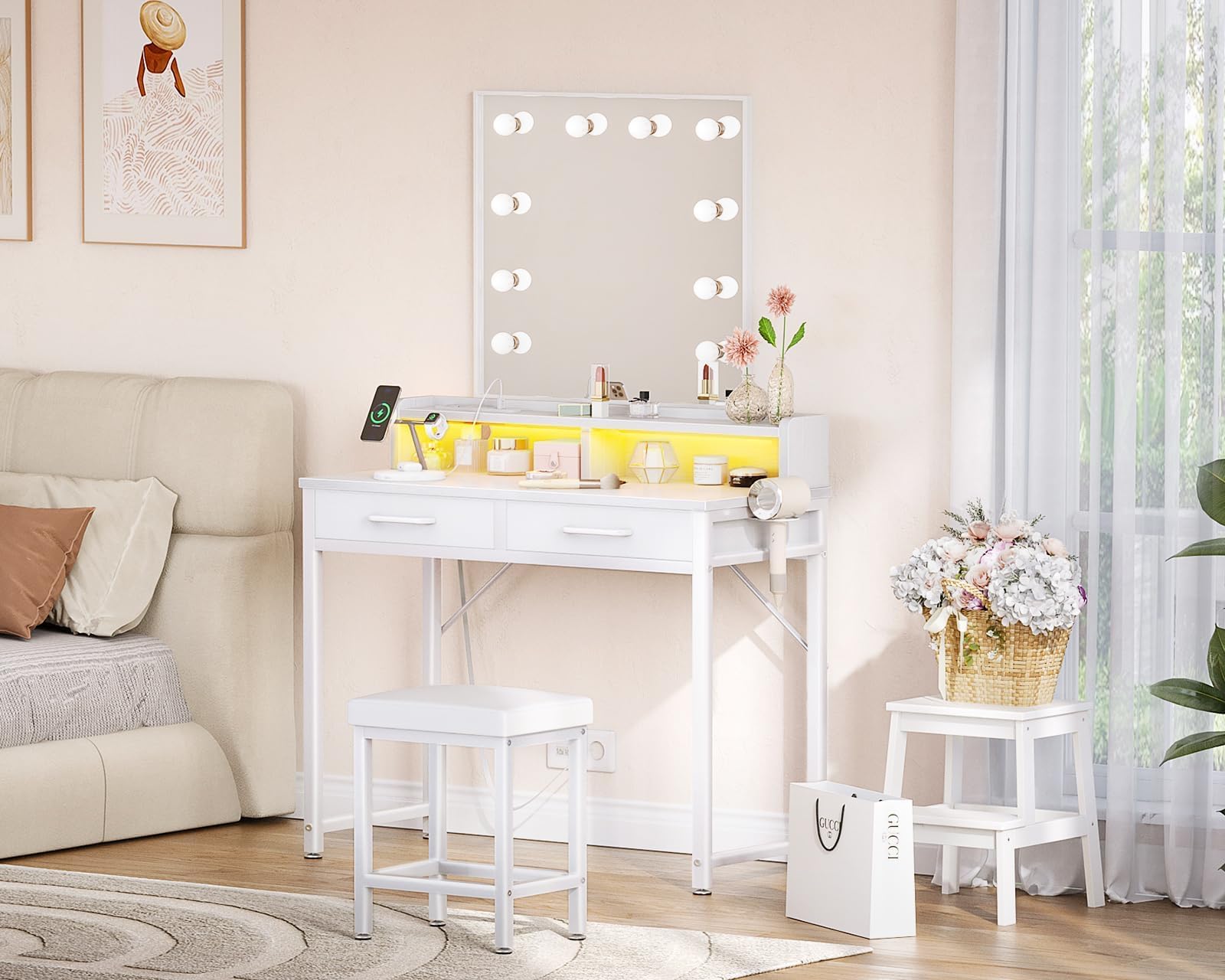 AODK Vanity Desk with Vanity Chair, Makeup Vanity with LED Lights, White Small Vanity Desk Without Mirror, 32 Inch Makeup Table for Small Space with 2 Fabric Drawers, Desk Make Up Vanity for Girls