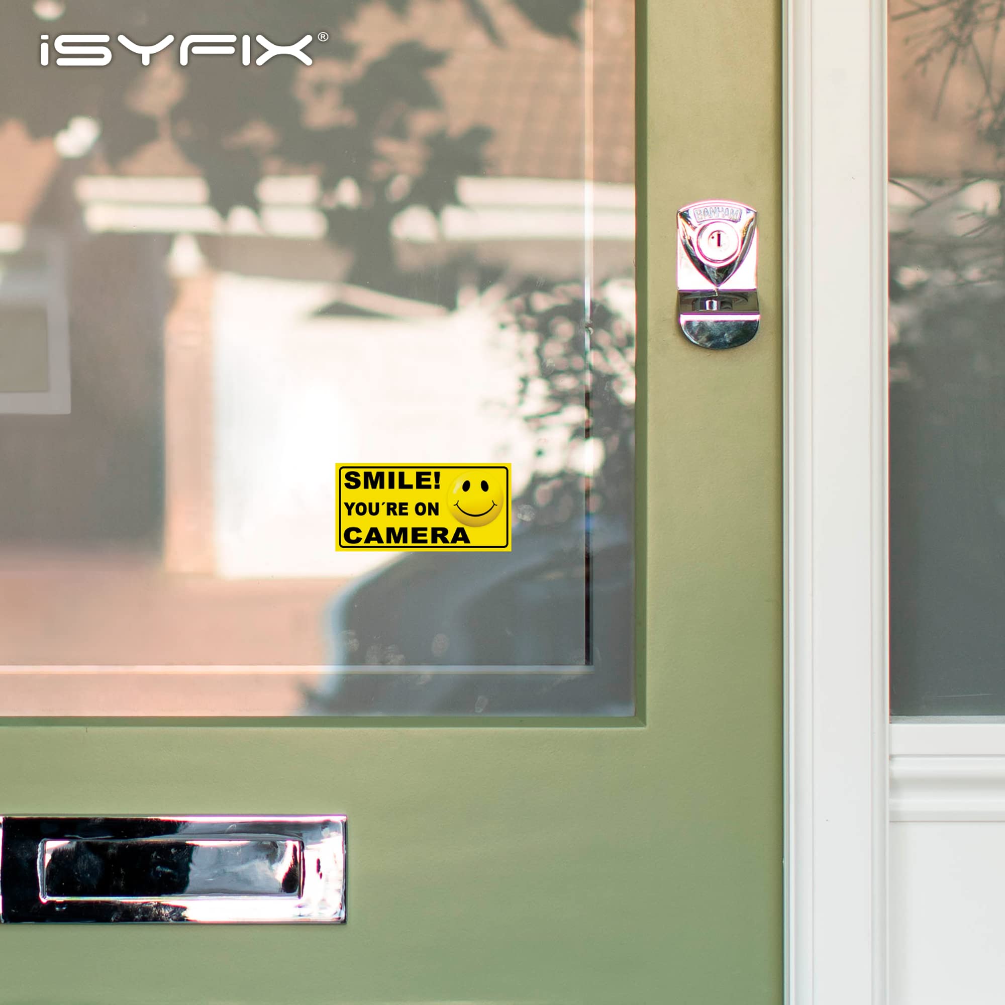 iSYFIX Smile You're on Camera Stickers for Business β 6 Pack 4x2 Inch β Self-Adhesive Vinyl Decal, Laminated for Ultimate UV Protection, Fade Resistance, Security Camera Sign for Home, Business, CCTV