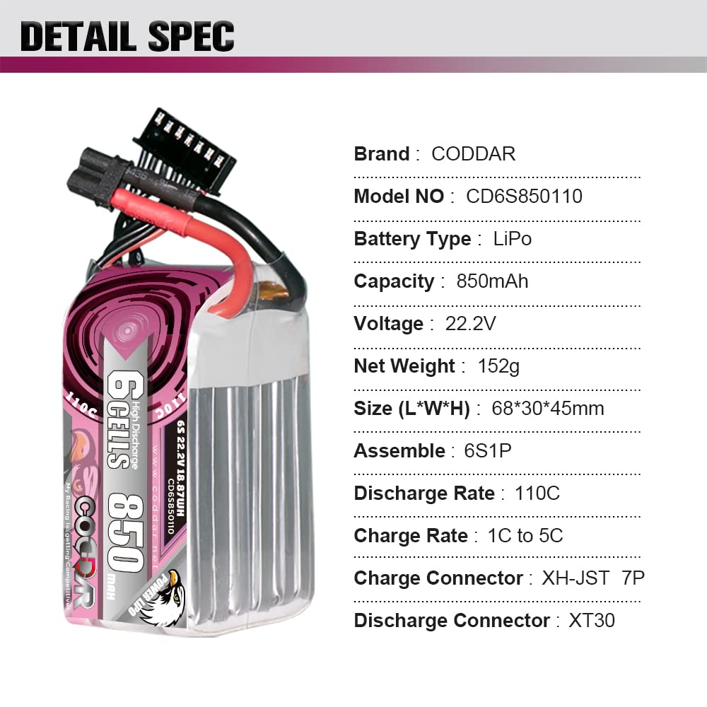 CODDAR 850mAh 6S 22.2V 110C LiPo Battery with XT30 Connector for RC Heli Airplane Quadcopter Helicopter Multi-Motor Hobby DIY Parts,2inch to 3inch FPV, 2inch to 2.5inch CineWhoop