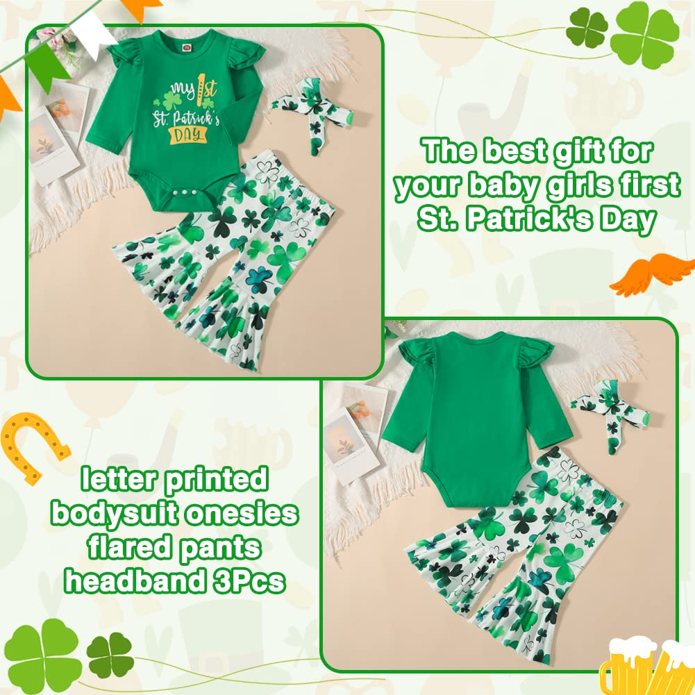 AIKSIWAI Newborn Baby Girl St. Patrick/Easter Day Outfit Print Romper Tops Bell Bottom Pants Headband 3Pcs Clothes Set