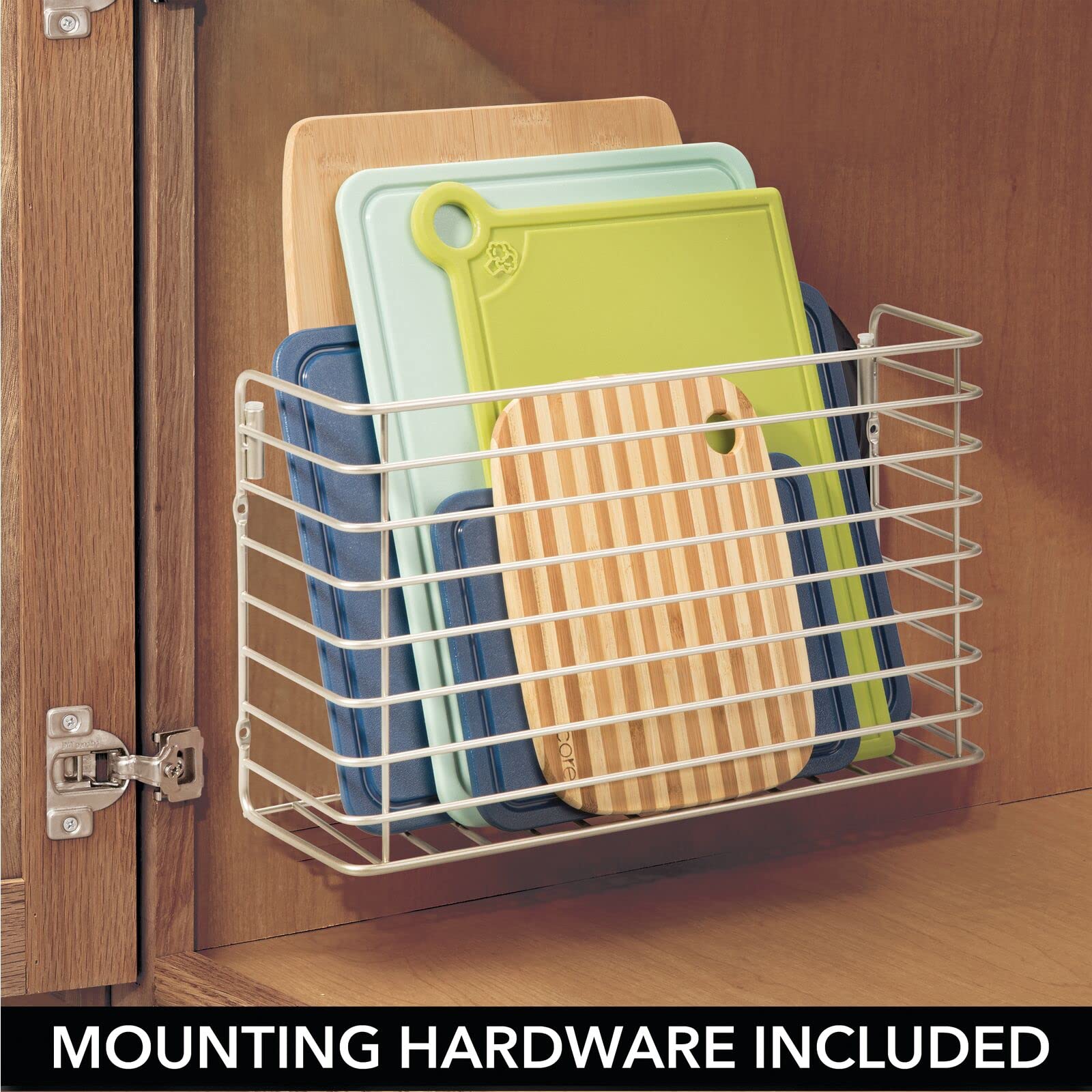 mDesign Metal Wire Kitchen Bakeware Organizer Basket - Hang Over Cabinet Door - Storage for Baking Sheets, Cupcake Tins, Cutting Boards, Foil, or Plastic Wrap - Concerto Collection - Matte Satin