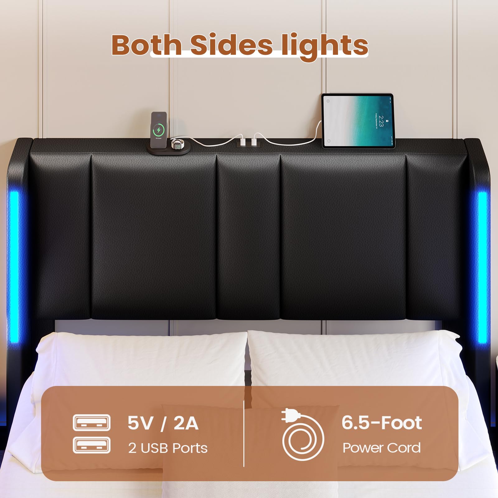 AOGLLATI Floating Bed Frame Full with LED Light and 2 USB Charging Station, Upholstered Platform Bed Frame Full Size with Heavy Wooden Slats Support, No Box Spring Needed