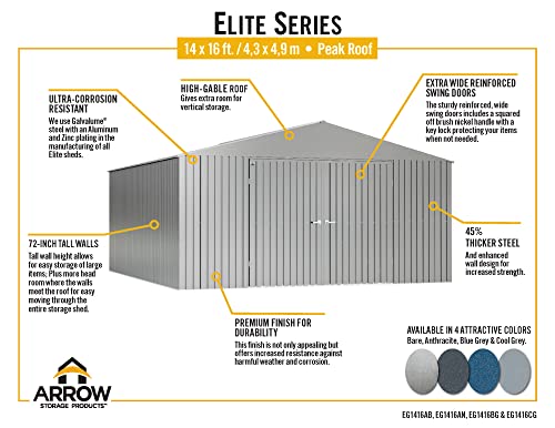 Arrow Shed Elite 14' x 16' Outdoor Lockable Gable Roof Steel Storage Shed Building, Cool Grey