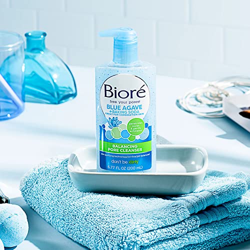 Bioré Daily Blue Agave + Baking Soda Balancing Pore Cleanser, Liquid Cleanser for Combination Skin, to Penetrate Pores & Gently Exfoliate Skin, 6.77 Ounce