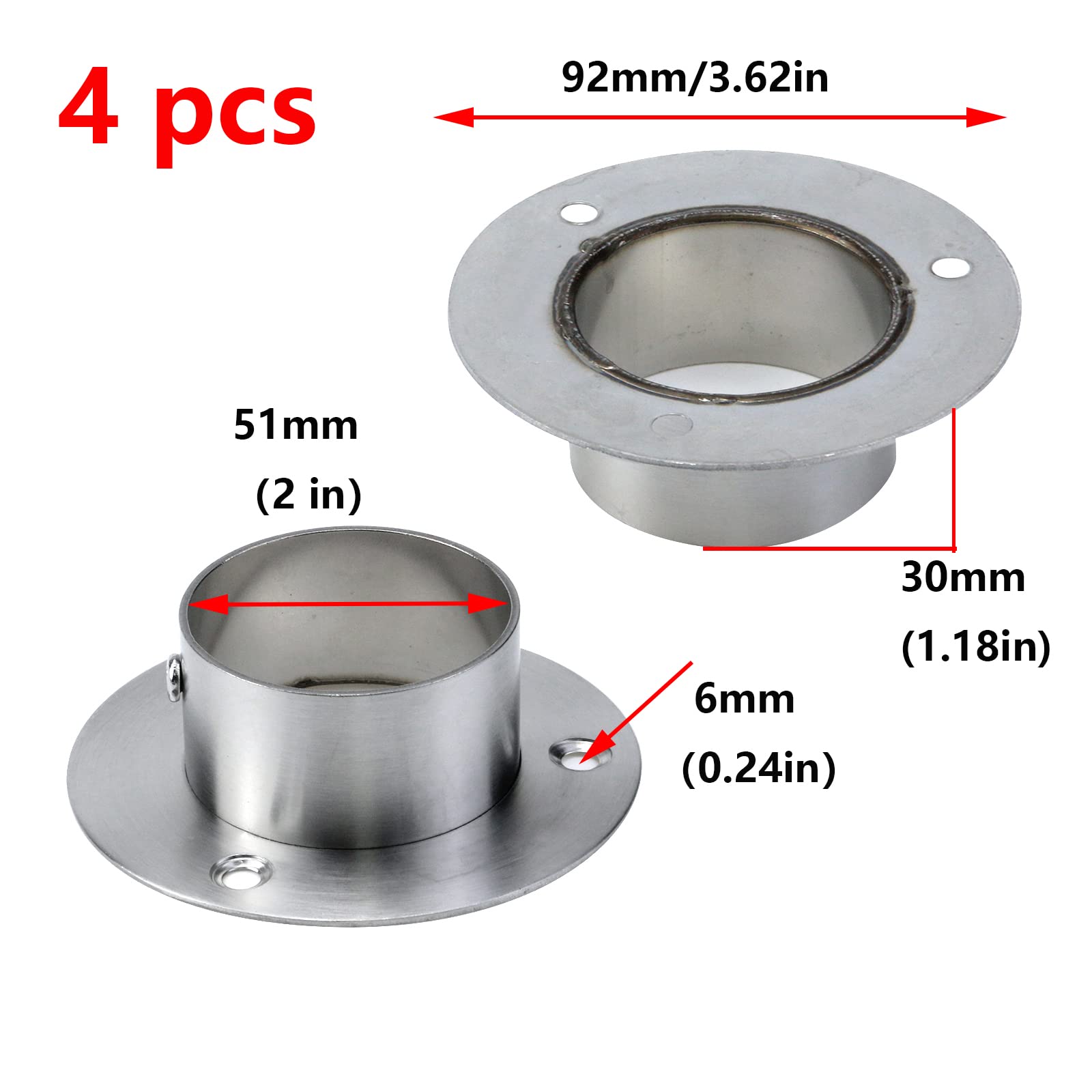 Antrader 4-Pack Stainless Steel Closet Rod Flange 2-Inch Dia. Adjustable Socket Bracket Support Holder for Pipe(Silver)