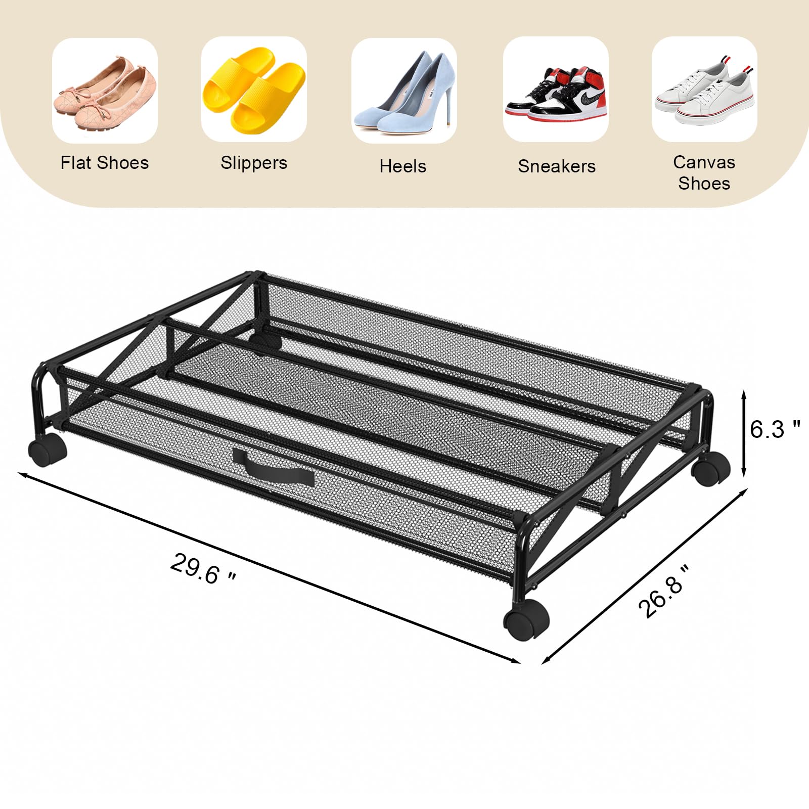 KOSIWU Under Bed Shoe Storage with Wheels, 2 Pack Rolling Under Bed Storage Containers for Shoes Metal Shoe Rack Organizer Bedroom Organization