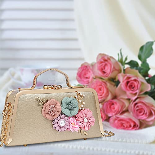 Gold Evening Bag for Women, Flower Wedding Evening Clutch Purse Bride Floral Clutch Bag