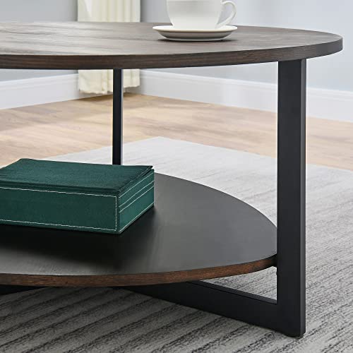 MODERION Round Coffee Table for Living Room, 35.3" Large Farmhouse Cocktail Table with Storage Shelf, Circular Wood Center Tea Table with Metal Leg, Sofa Table, Easy Assembly, Brushed Brown KFZ2338NC