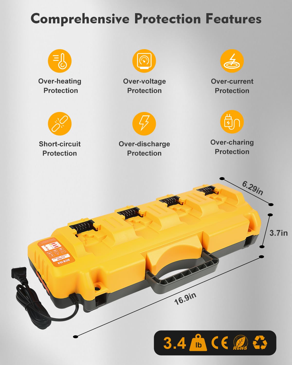 Amityke DCB104 Battery Charger, Replacement for Dewalt Battery Charger Station 4-Port Multi Charger with 2 USB Ports Compatible with 12V/20V/60V Dewalt Max Batteries DCB124 DCB126 DCB200 DCB205