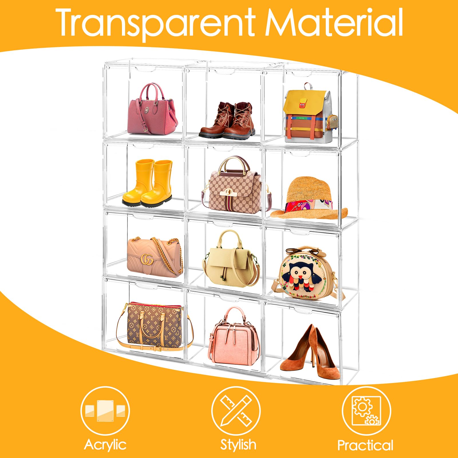 Cutora 6Pack Purse Organizer for Closet Clear Acrylic Display Case Handbag Storage Organizer Box with Magnetic Door Stackable Storage Bins with Dustproof Lid for Book Toys Shoes Cosmetic Collectibles