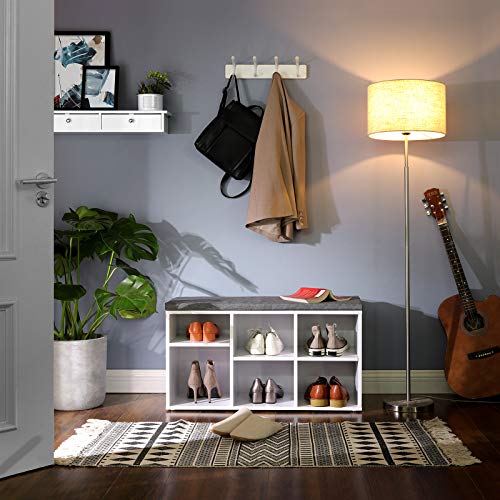 VASAGLE Shoe Bench, Shoe Storage Organizer with 6 Compartments and 3 Adjustable Shelves, Cushioned Seat, Compact and Narrow, for Entryway, Hallway, Closet, White and Gray ULHS23WT