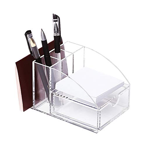 Ikee Design Acrylic Premium Desktop Office Supplies Organizer with Post It Note Pad Holder, Mail Storage and 3 Pencil Slots, Office Tool Storage Case, 3 7/8" W x 5 7/8" D x 3 1/2" H