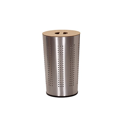Household Essentials 7081-1 Round Metal Laundry Hamper - Removable Liner Bag and Wood Lid - Stainless Steel