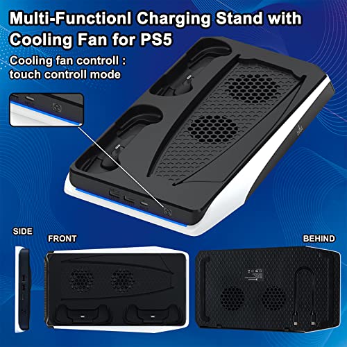 Black PS5 Stand with Cooling Fan and Dual Controller Charger Station, Charging Dock Holder PS5 Accessories Vertical Digital Stand Base for Playstation 5 Console/Disc/Digital Editions