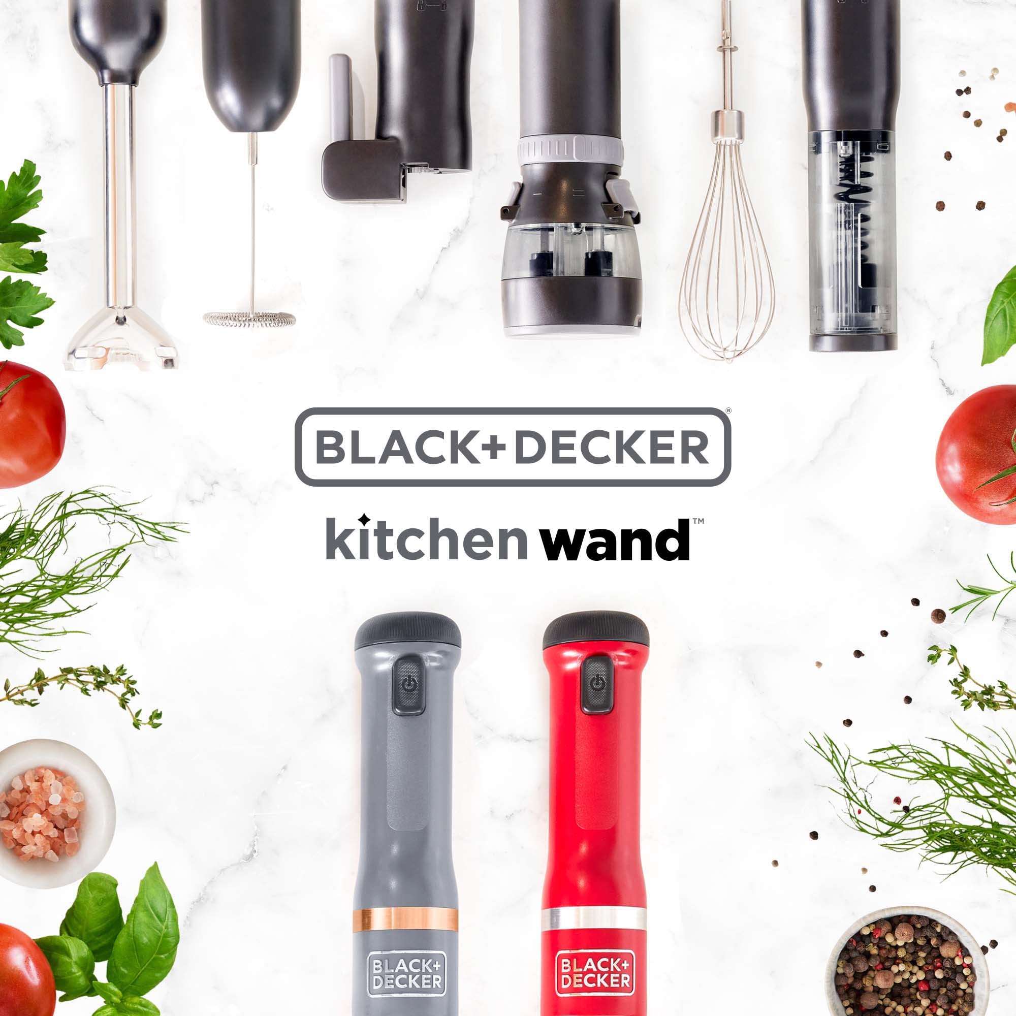 BLACK+DECKER Kitchen Wand Cordless Immersion Blender, 6 in 1 Multi Tool Set, Hand Blender with Charging Dock, Red (BCKM1016KS06)