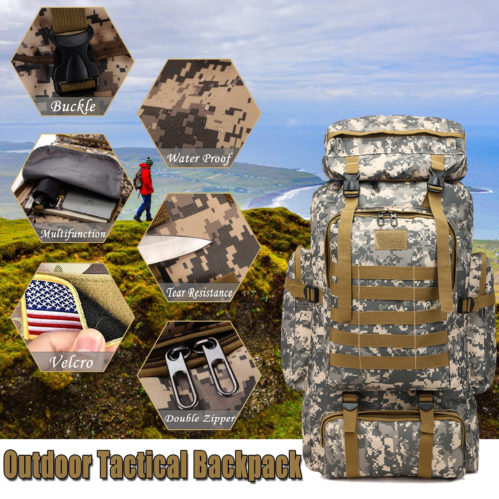 70L Waterproof Hiking Daypack Large Hiking Backpack, Hunting Camping Rucksack Backpack for Men Outdoor Sports Backpack (Plateau camouflage-5)