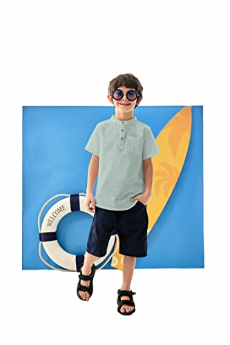 Arshiner Boys Cotton Linen Henley Button Down Shirt Short Sleeve Casual Dress Beach T Shirts with Pocket Light Green