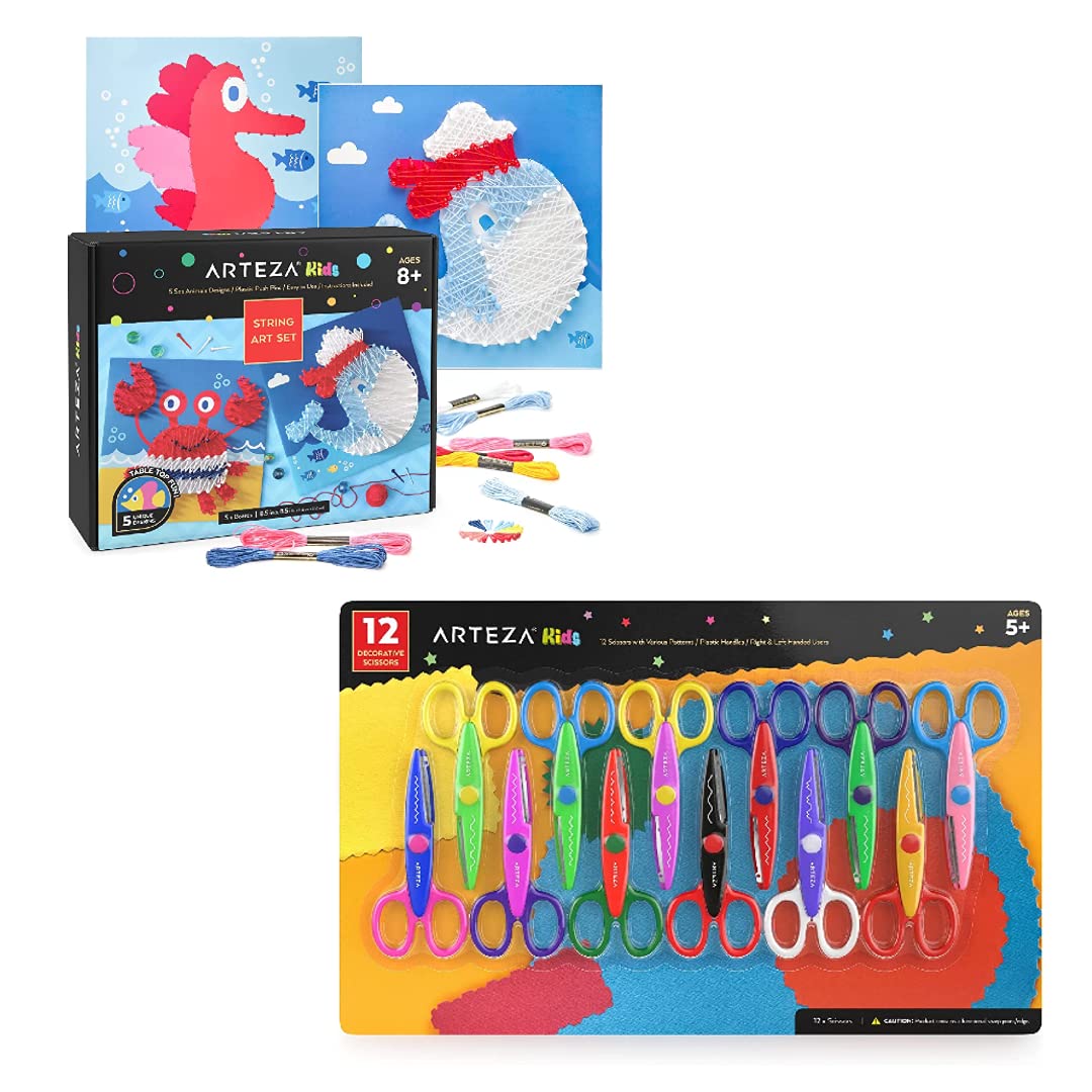 Arteza Kids String Art Kit, Set of 5 Sea Animal Designs and Decorative Scissors, Set of 12 Different Patterns, 5.5 Inches, Art Supplies for Kids Craft Projects and Free Time Activities