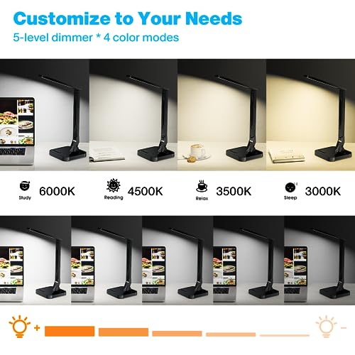 Ambertronix LED Desk Lamp, Patented Vertical Wireless Charger, 14W, 530 Lumens, Table Lamp with USB Charging Port, Dimmable Eye-Caring, 5 Brightness & 4 Light Modes, Touch Control, Auto Timer