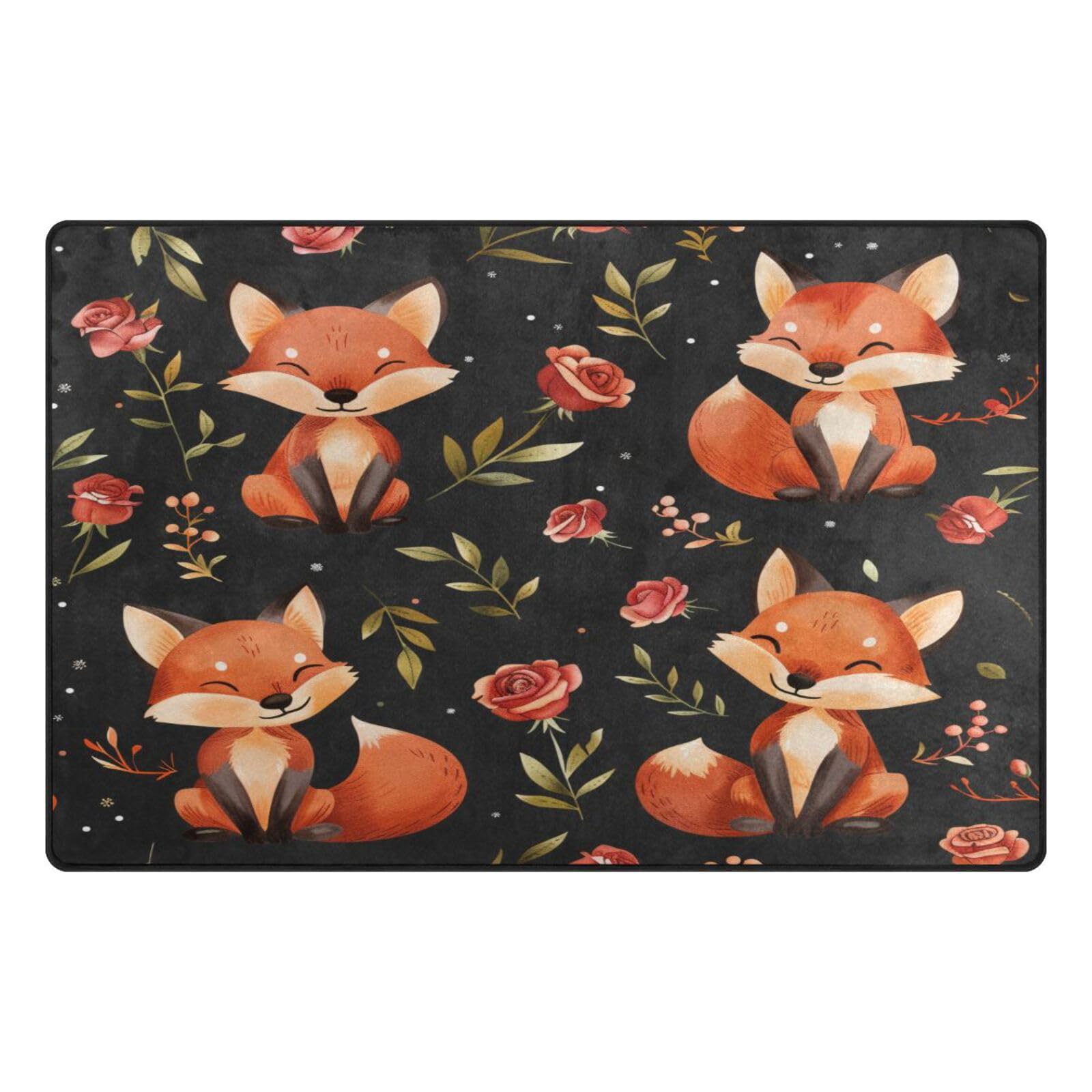 ALAZA Cute Foxes Roses Vintage Floor Mat Rectangle Non-Slip Absorbent Floor Mat for Living Room Bedroom Study Room,31 x 20 inches