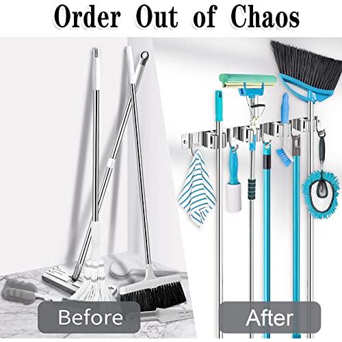 Piyl Broom Holder Wall Mount Garden Tool Organizer,Mop Hanger Wall Mounted Garage Storage,Kitchen,Laundry Utility Rack With 4 Racks and 5 Hooks - Metal Wall Holder For Broom, Rake,Mop Handles Up To 3/4β