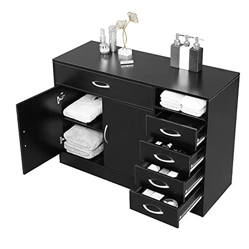 Bonnlo Storage Cabinet, 41" Wide Floor Cabinet Organizer with 5 Drawers and 2 Doors, Adjustable Shelf for Bathroom, Kitchen, Living Room, Bedroom, Laundry Room, Entryway, Office, Ample Space Black