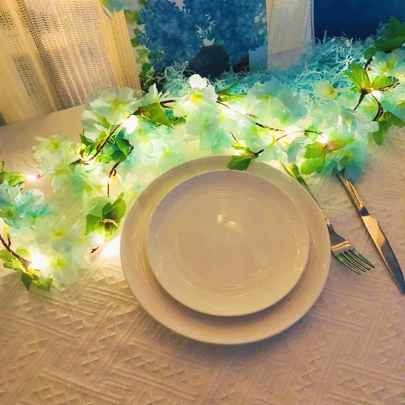 Artificial Cherry Blossoms String Lights Hanging Hydrangea Vines Plant Garland Silk Flower Fairy Light Battery Powered for Home Garden Wedding Party Decor (Blue, 2m/20 Led)