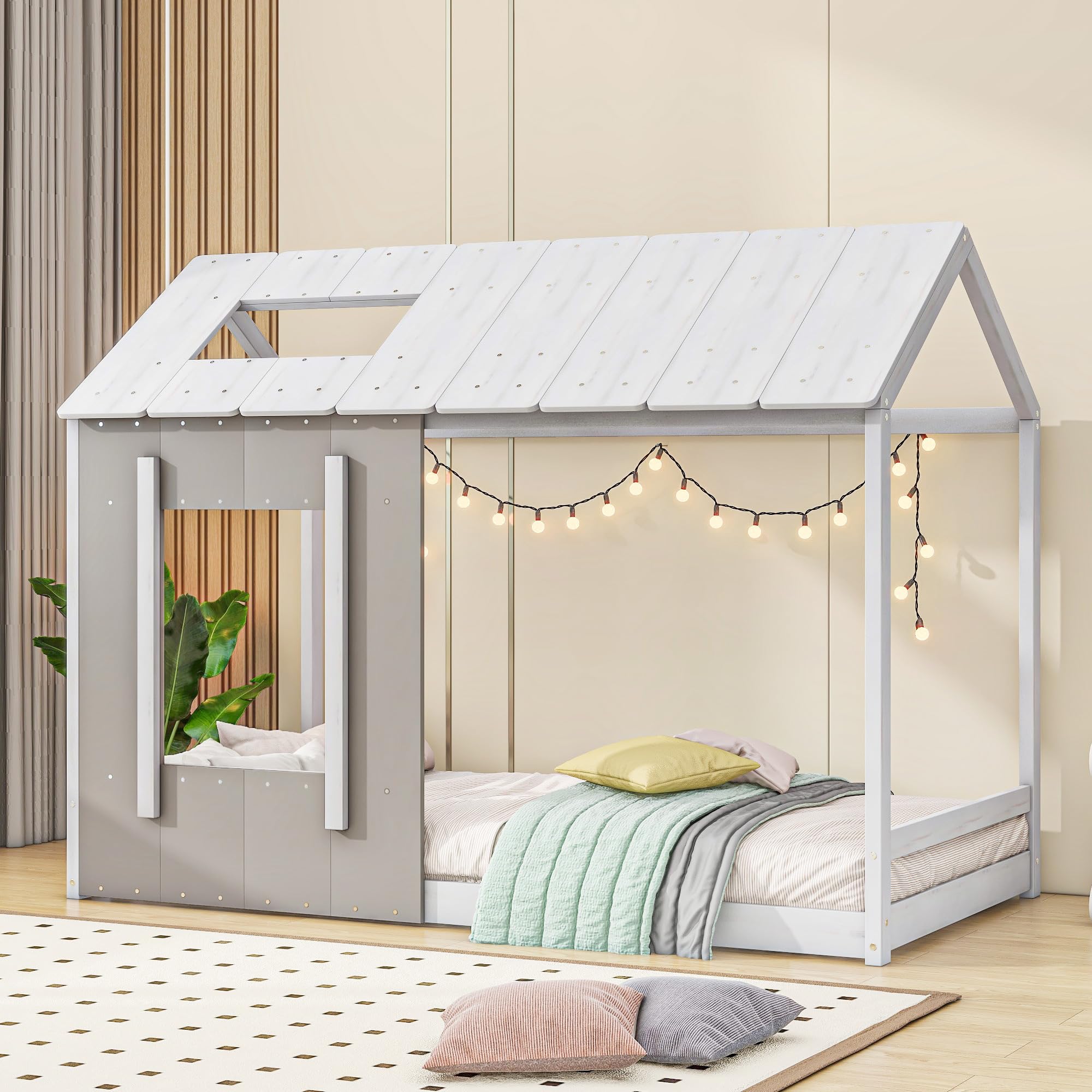 Bellemave Twin House Bed Wood Kids Floor Frame Cottage Style Cabin Beds Rustic Design Playhouse with Roof and Window for Girls Boys Teens Children, Antique Gray
