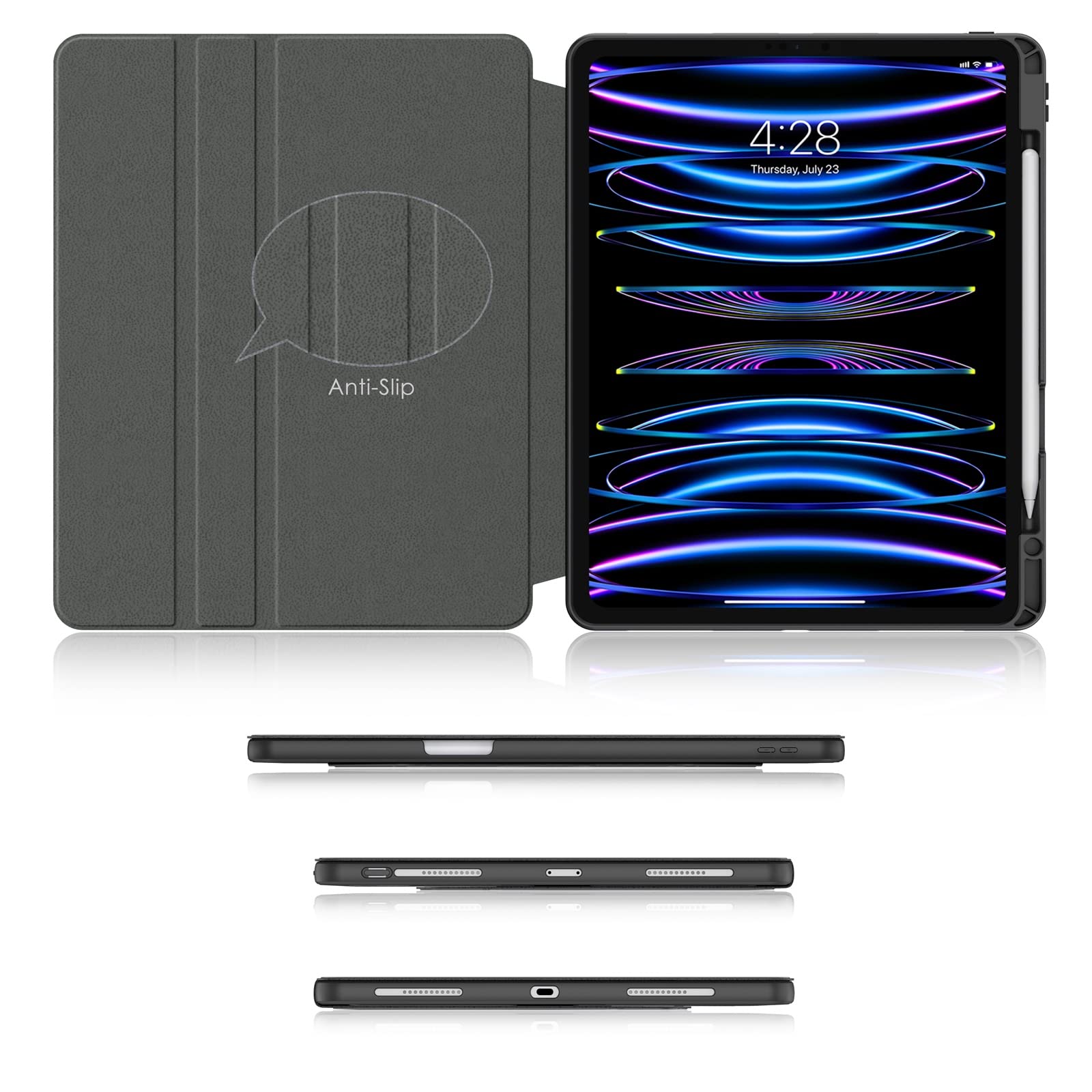 Soke Hybrid Rotating Case for iPad Pro 12.9 Inch (6th/5th/4th/3rd Generation, 2022/2021/2020/2018) - 360 Degree Rotating Stand + Pencil Holder + Auto Sleep/Wake, Shockproof Clear Back Cover,Black