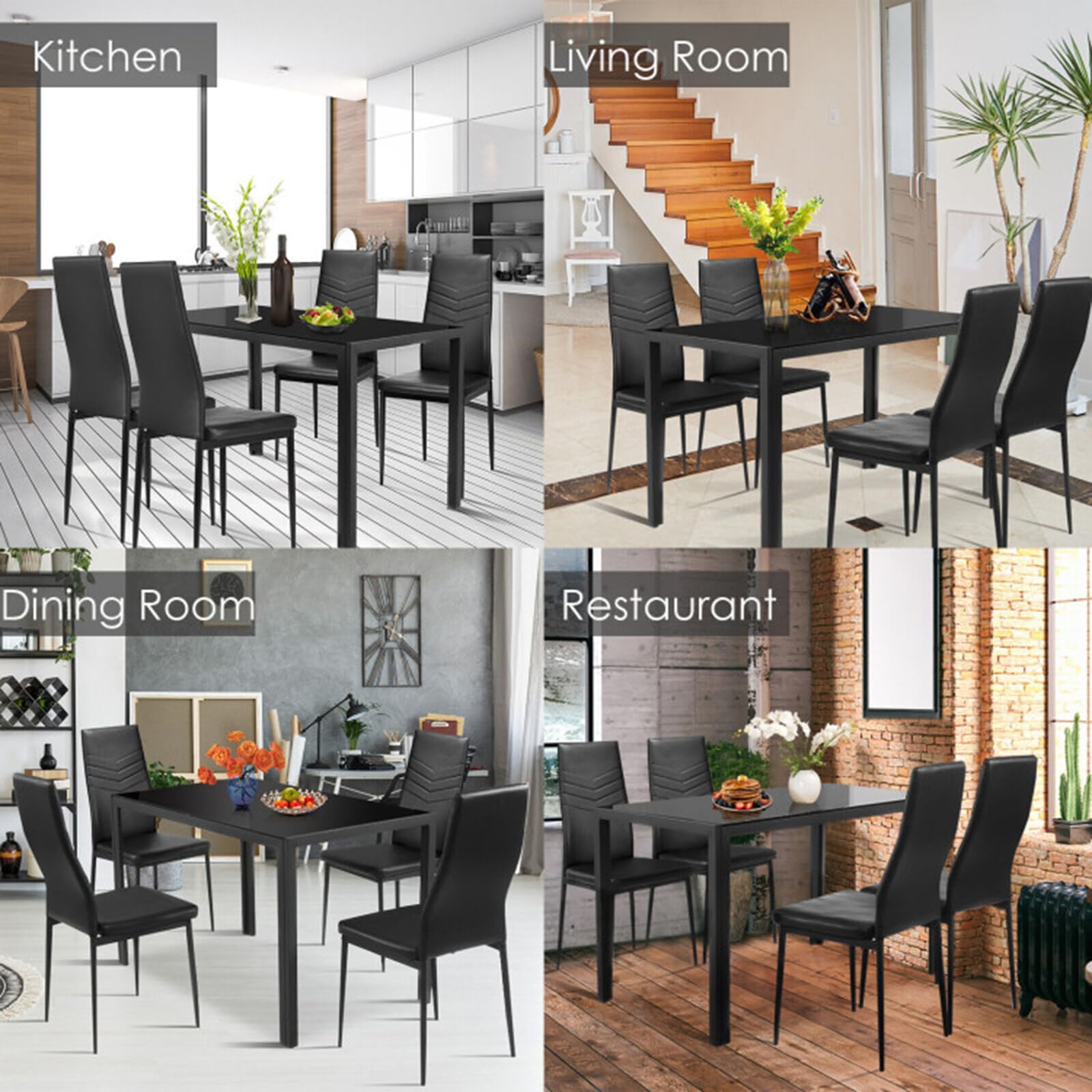 5 Piece Kitchen Dining Table Set for 4, Kitchen Dining Set Glass Metal Table and 4 Chairs Breakfast Furniture