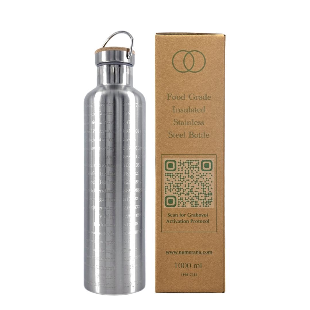 SANA Grabavoi Water Bottle, Water Activator Bottle with Grabovoi Numbers, Double Walled Bottle, Insulated Stainless Steel, 1L (34 oz) 2.0 Version