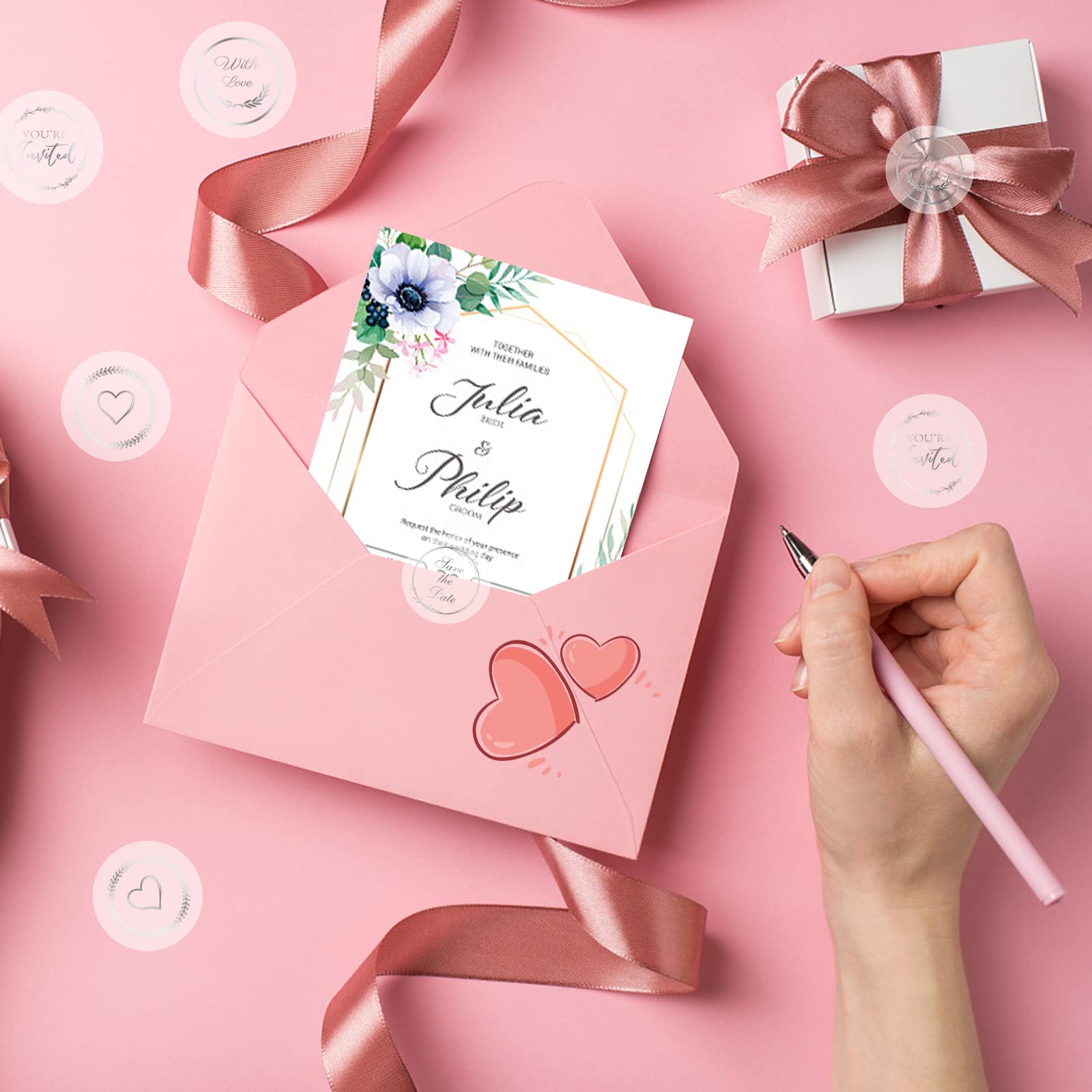 400 Pcs Wedding Envelope Seal Stickers, 4 Style Clear Foil Save The Date Stickers Foiled Silver Wedding Stickers for Invitation, 1.5 inch