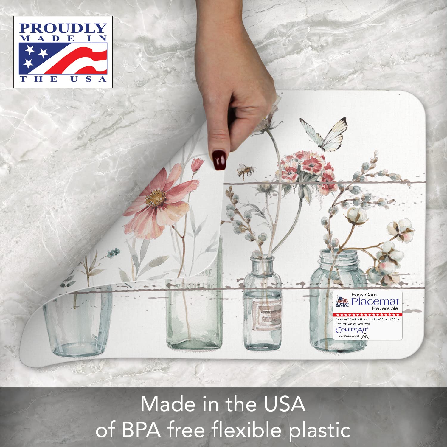 CounterArt Country Weekend 4 Pack Reversible Easy Care Flexible Plastic Placemat Made in The USA BPA Free, Easily Wipes Clean