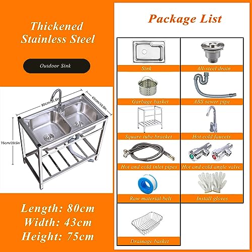 ADASTE Camping Sink Commercial Restaurant Sink Stainless Steel Double Sink Free Standing Utility Sink 2 Compartment Industrial Camping Sink for Workshop Indoor Outdoor