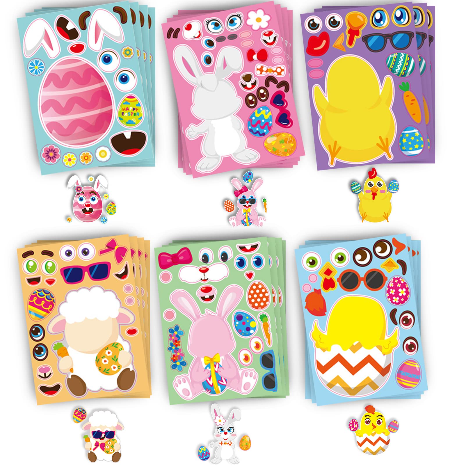GonLei 24pcs Easter Stickers for Kids, Make Your Own Easter Sticker for Boys Girls, Easter Eggs Bunny Chick Farm Animal Lamb Face Stickers for Family Schools Classroom Activities Party Favor Supplies