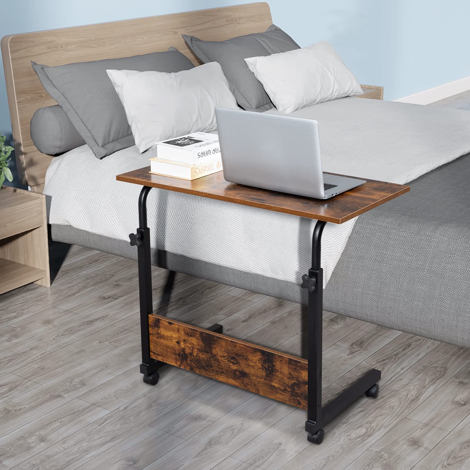 Binrrio Sofa Side Table Desk with Wheels, Tray Table Portable Side Table for Bed, Table Laptop Cart, Height Adjustable Coffee Snack Table for Living Room, Bedroom, The Study, 31.5" L X 16" W, Brown