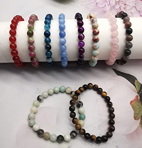 FINZOR 15 Pcs 8mm Healing Stone Beaded Bracelets for Women Men Semi-Precious Gemstones Bracelets Crystal Beaded Bracelet Unisex Adjustable Stretch Bracelets