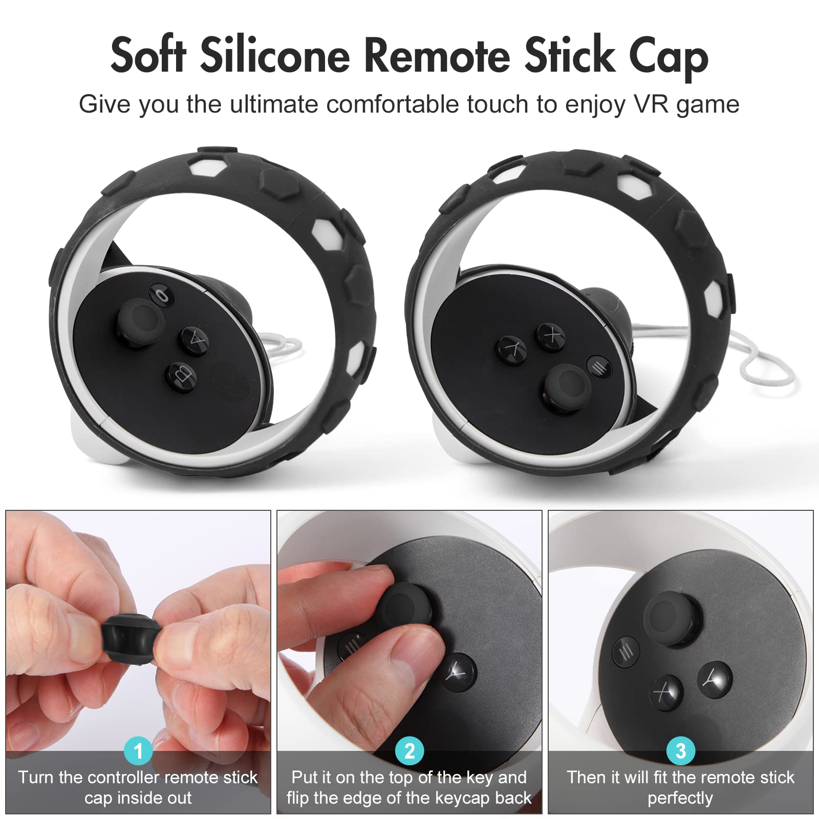 AMLINK VR Silicone Cover Accessories for Oculus Quest 2, VR Shell Cover Protective, Silicone Face Cover, Adjustable Strap Controller Grip Cover and Remote Sensing Rod Cap(Black)